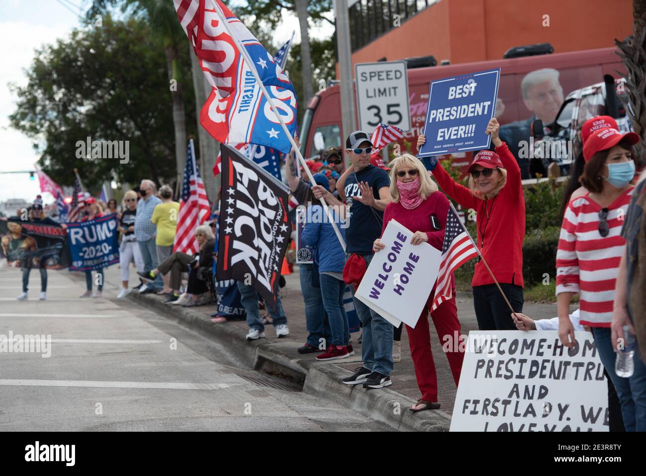 West Palm Beach, Florida, USA. 20th Jan, 2021. Supporters Welcome Trump ...