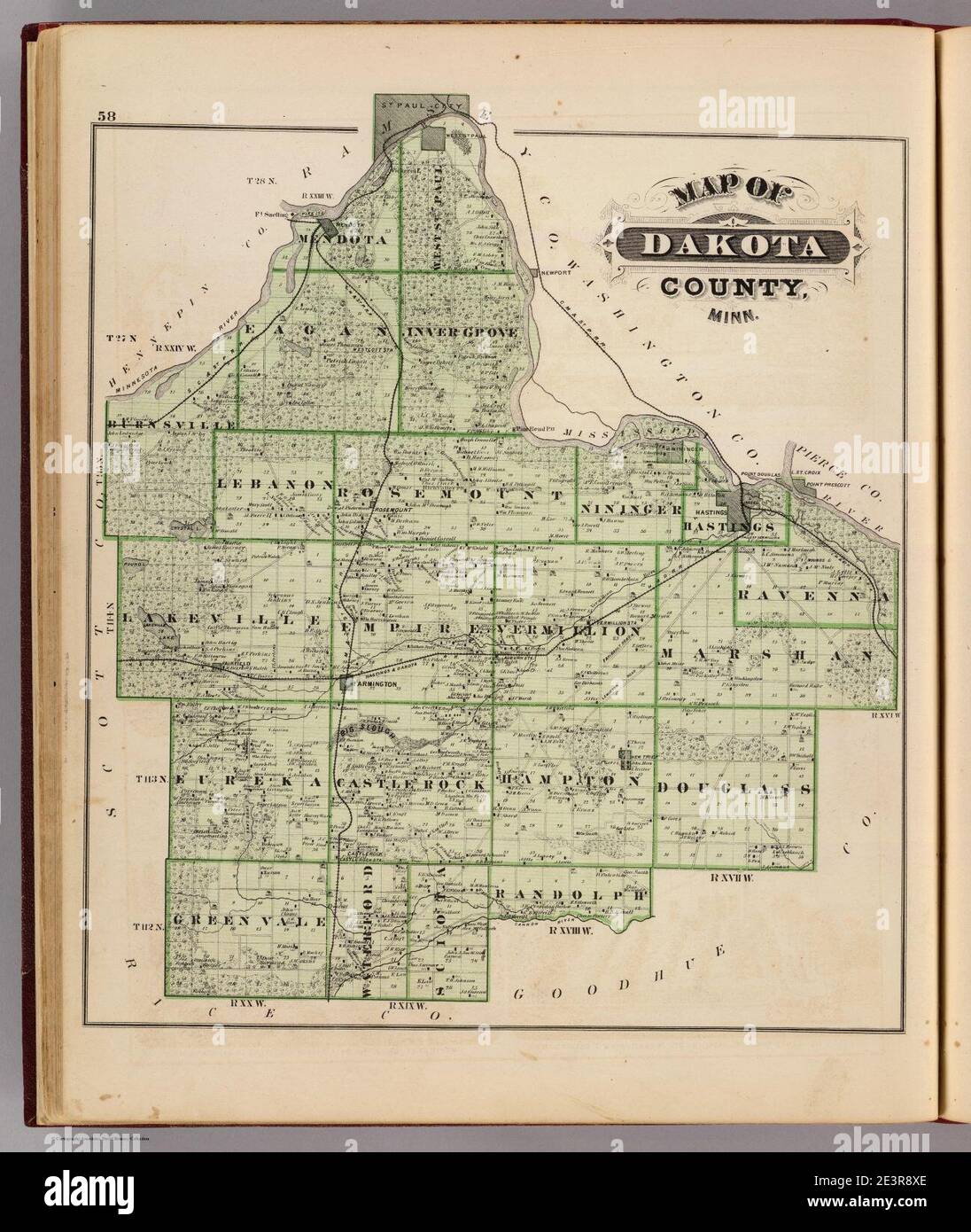 Map of Dakota County from the 1874 Minnesota State Atlas Stock Photo ...