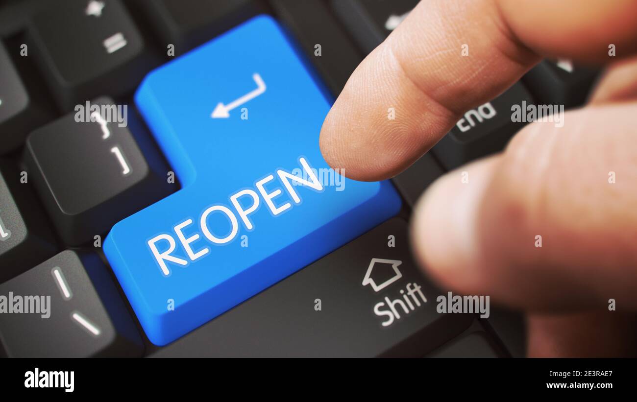 Close Up view of Male Hand Touching Blue REOPEN Computer Key. 3D ...