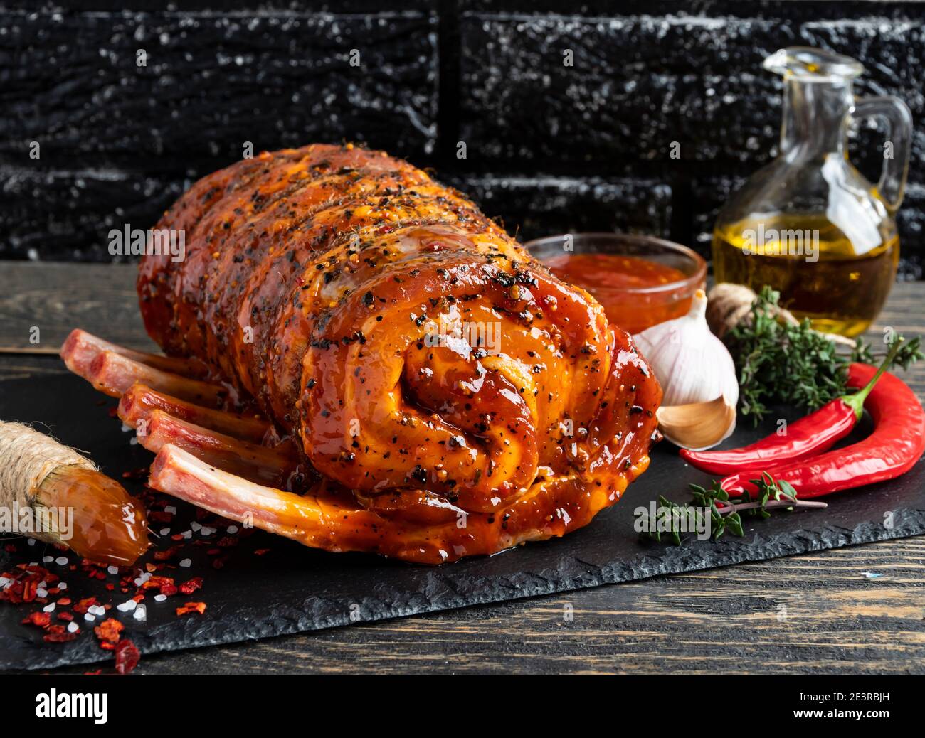 Rolled raw roast beef Rump, pork, lamb, in red marinate, meat roll ...