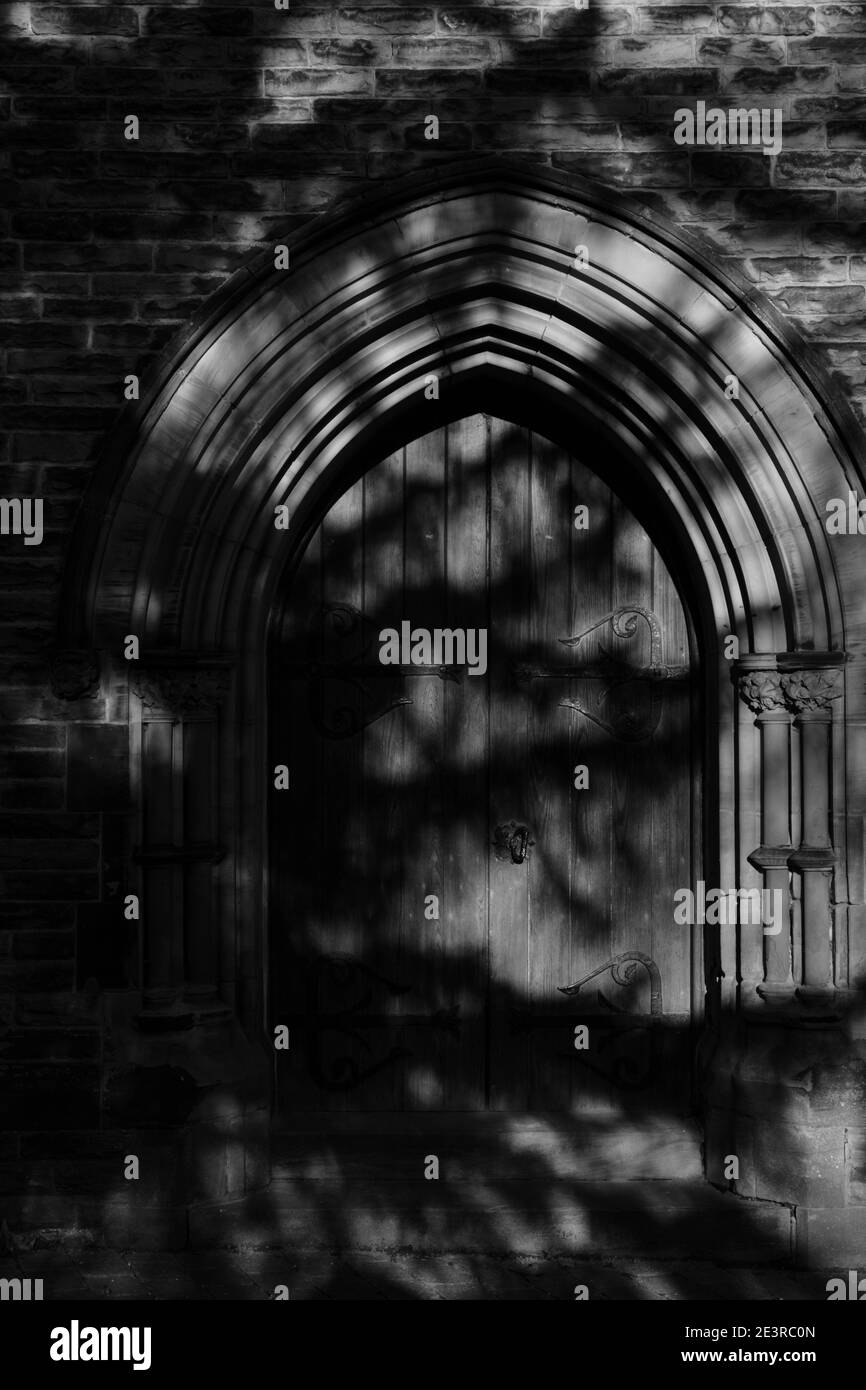 An old wooden vaulted door at the Harrogate Baptist Church in Harrogate ...