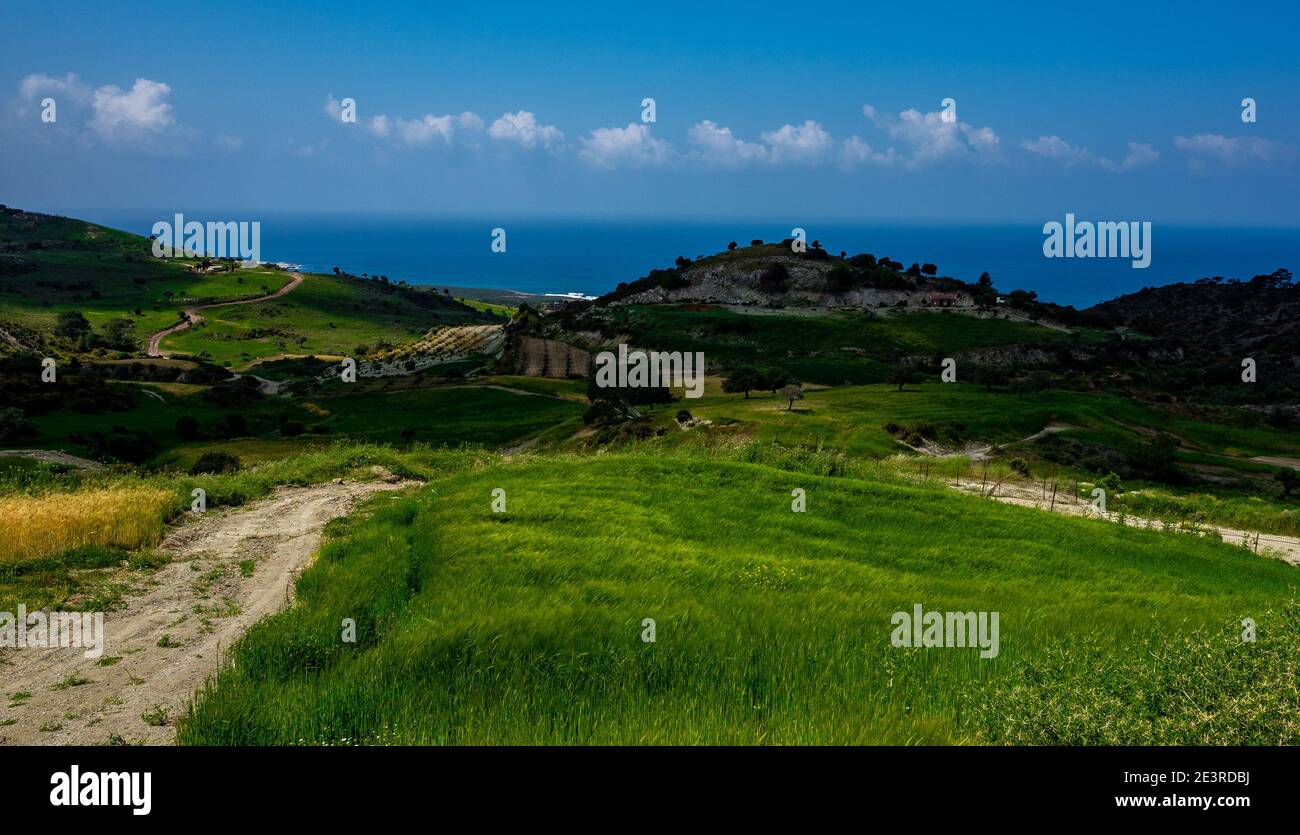Water meadows and hills on the Mediterranean coast on the island of ...