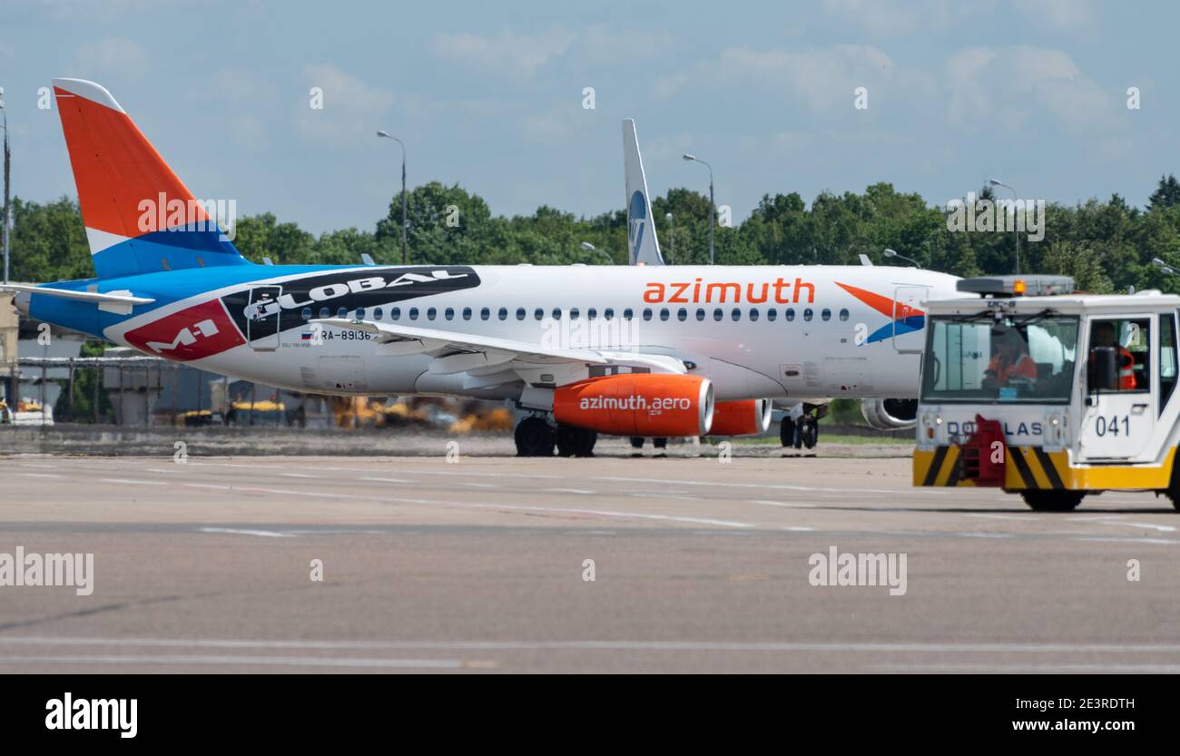 July 2, 2019, Moscow, Russia. Airplane Sukhoi Superjet 100 Azimuth ...