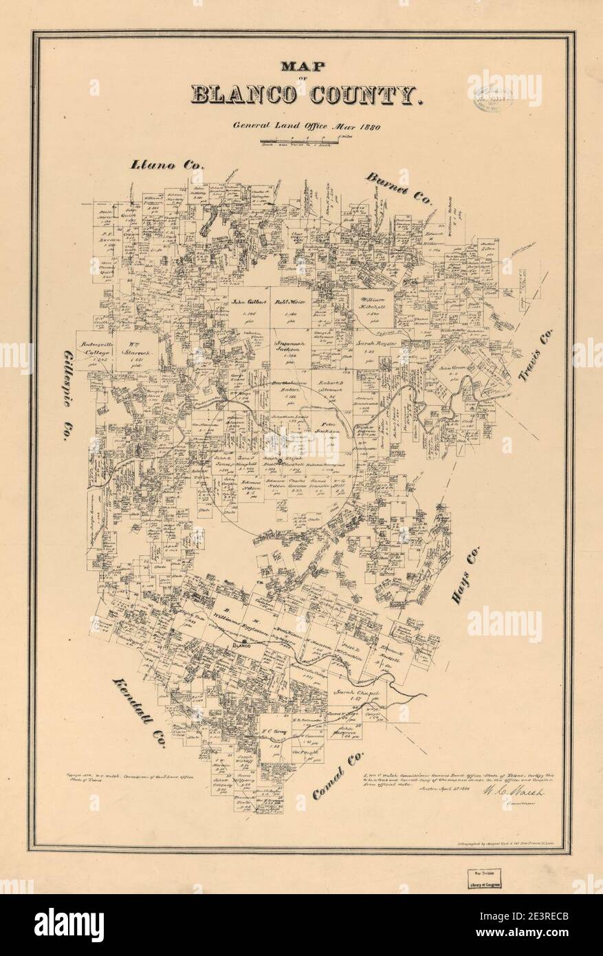 Map of Blanco County - General Land Office Mar 1880 Stock Photo - Alamy
