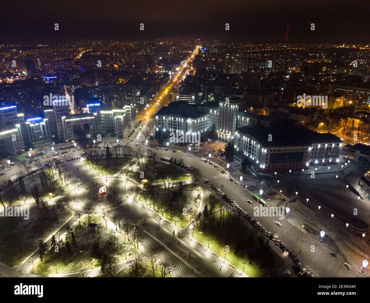 Aerial night view on Freedom Svobody Square in illumination lights ...