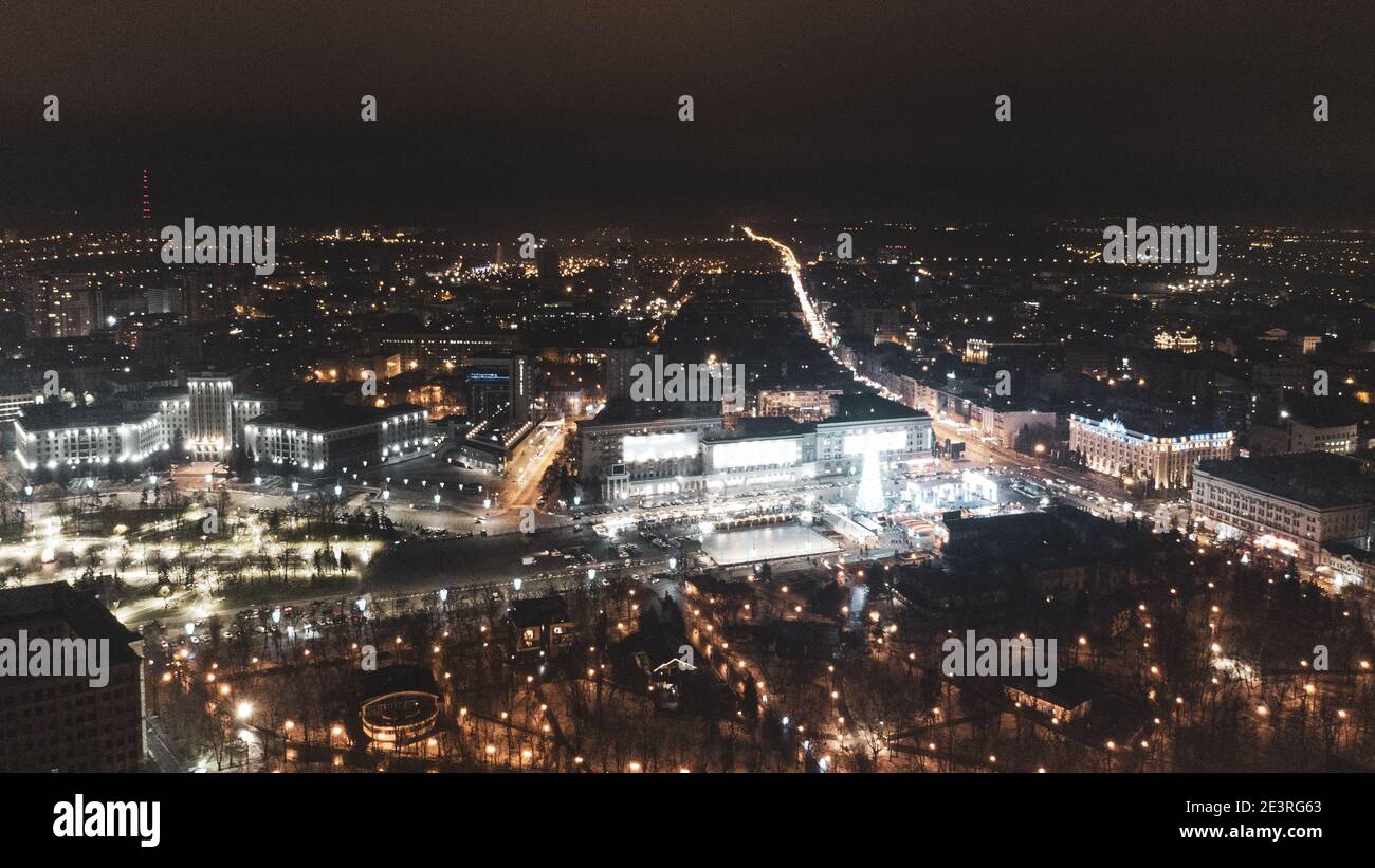 Freedom Svobody Square (Kharkiv) aerial view at night with New year ...