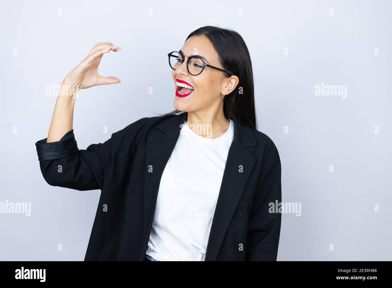 Beautiful business woman smiling and confident gesturing with hand ...