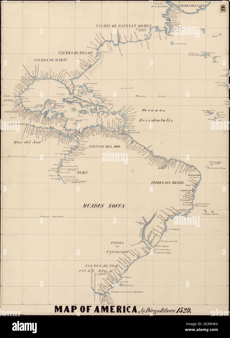 Map of America by Diego Ribero 1529 Stock Photo - Alamy