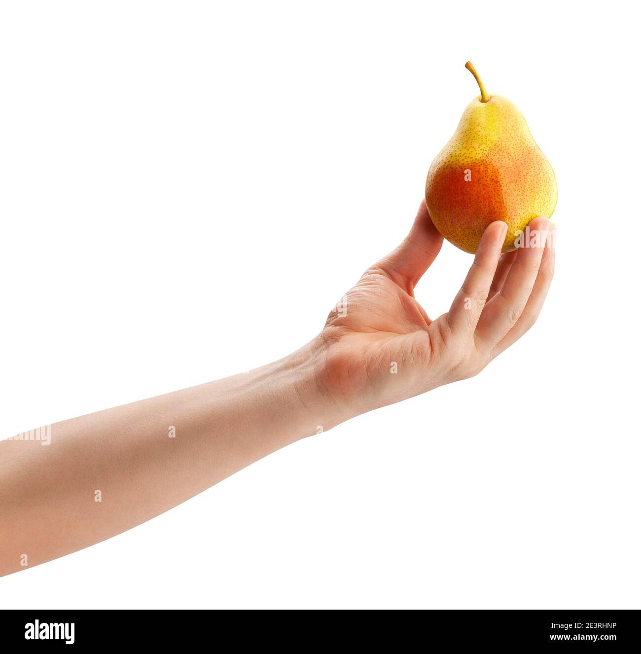 duchess pear in hand path isolated on white Stock Photo - Alamy