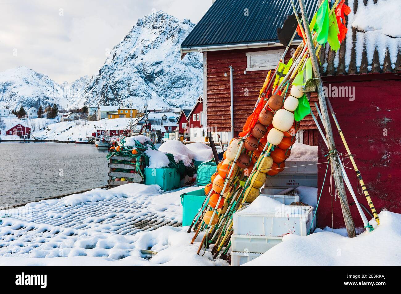 Snow covered jetty at harbor. Lofoten, Norway Stock Photo - Alamy
