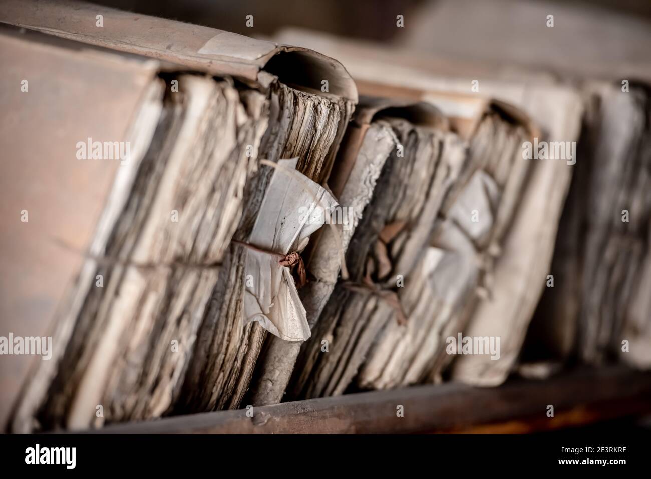 Archive of historical documents bound in files. Old paper documents in ...