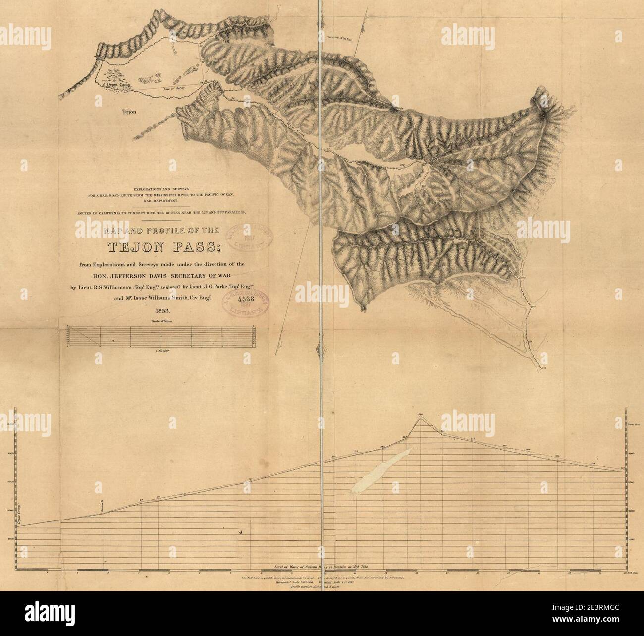 Map and profile of the Tejon Pass - from explorations and surveys Stock ...