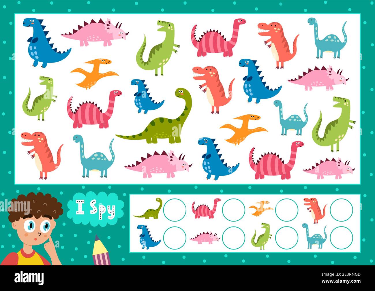 I spy game for kids. Find and count the cute dinosaurs. Search the same ...
