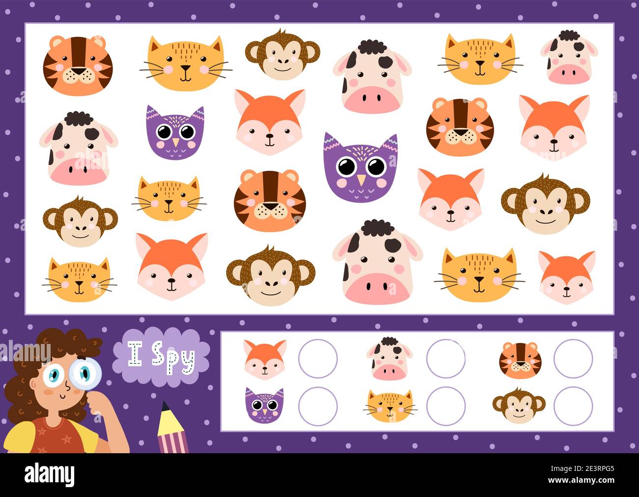 I spy game for kids. Find and count the cute animals. Search the same ...