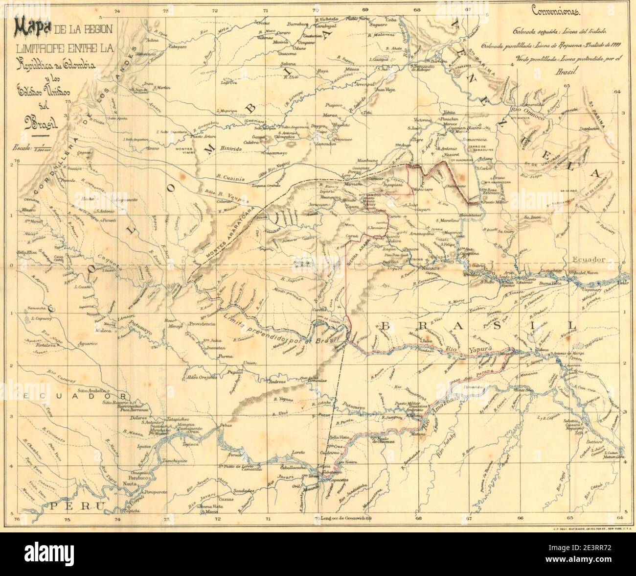Mapa de la región limítrofe entre Brasil y Colombia Stock Photo - Alamy