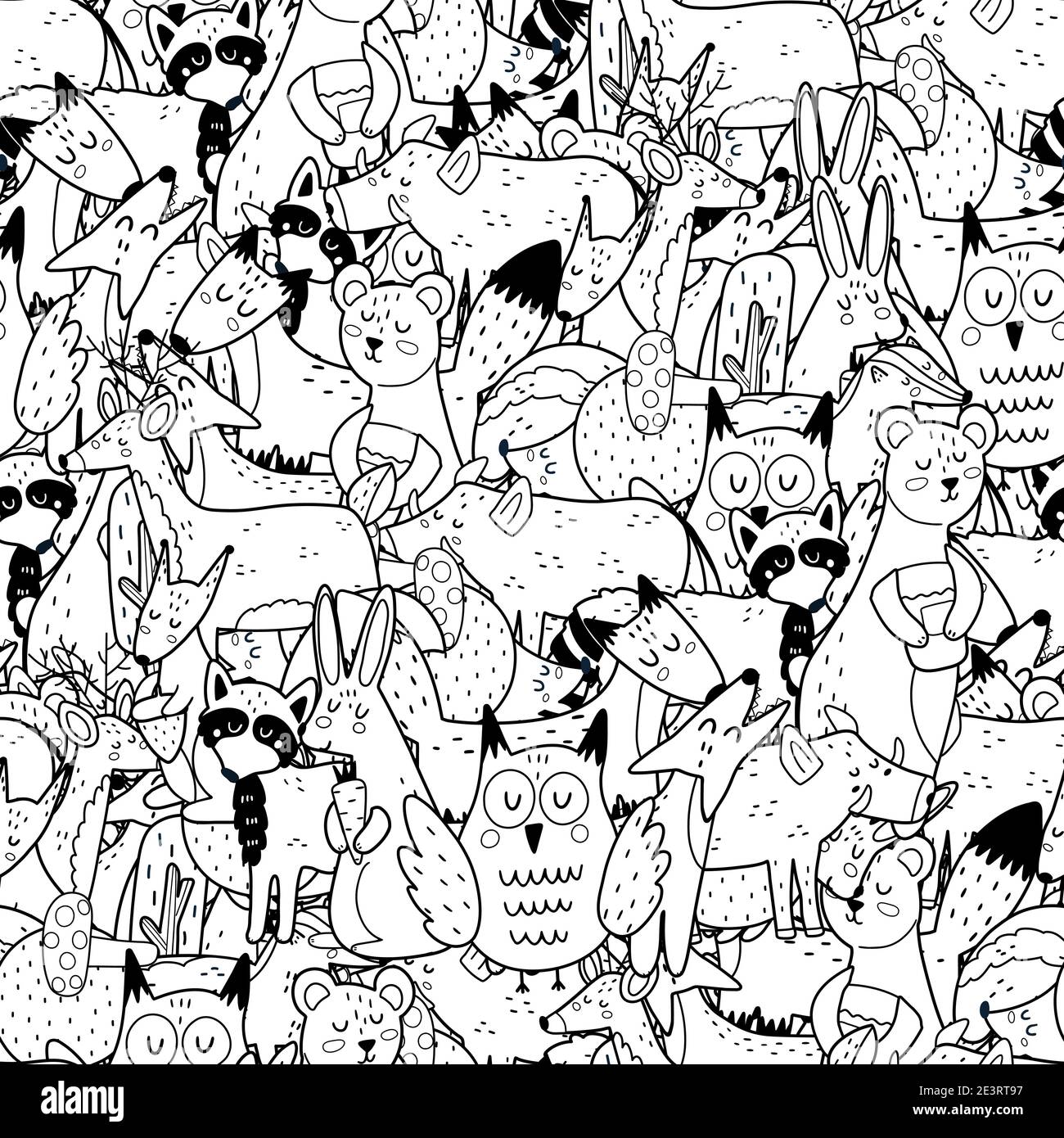 Cute forest animals black and white seamless pattern. Doodle coloring ...