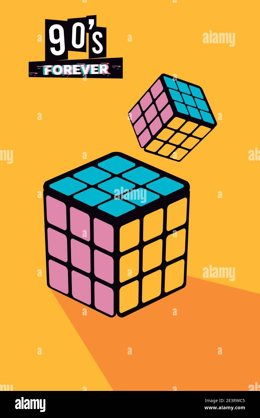 90s forever lettering with rubik cubes in yellow background vector ...