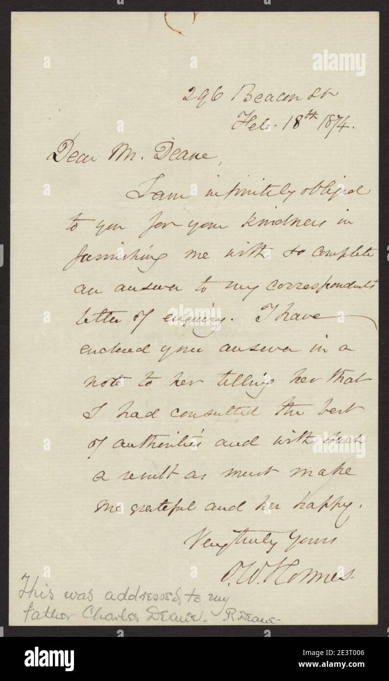 Manuscript letter from Oliver Wendell Holmes to Charles Deane Stock ...