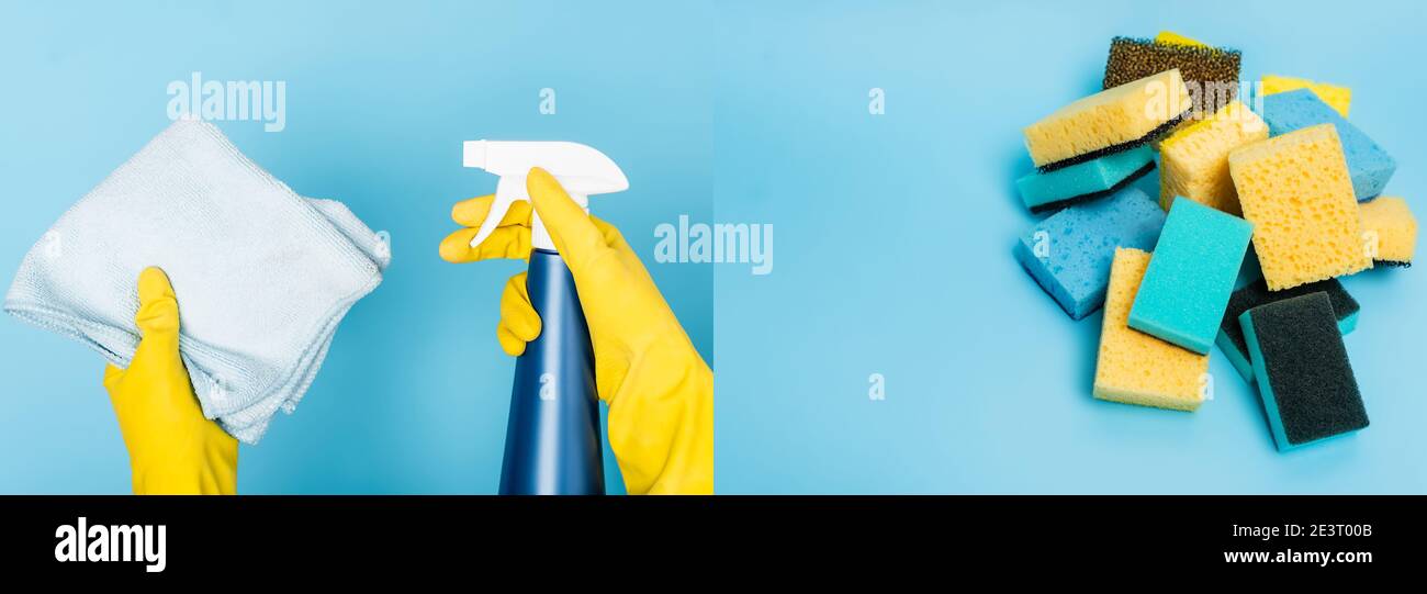 Collage of person in rubber gloves holding detergent and rag and ...