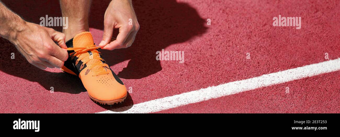 Running shoe at start line success challenge competition banner ...