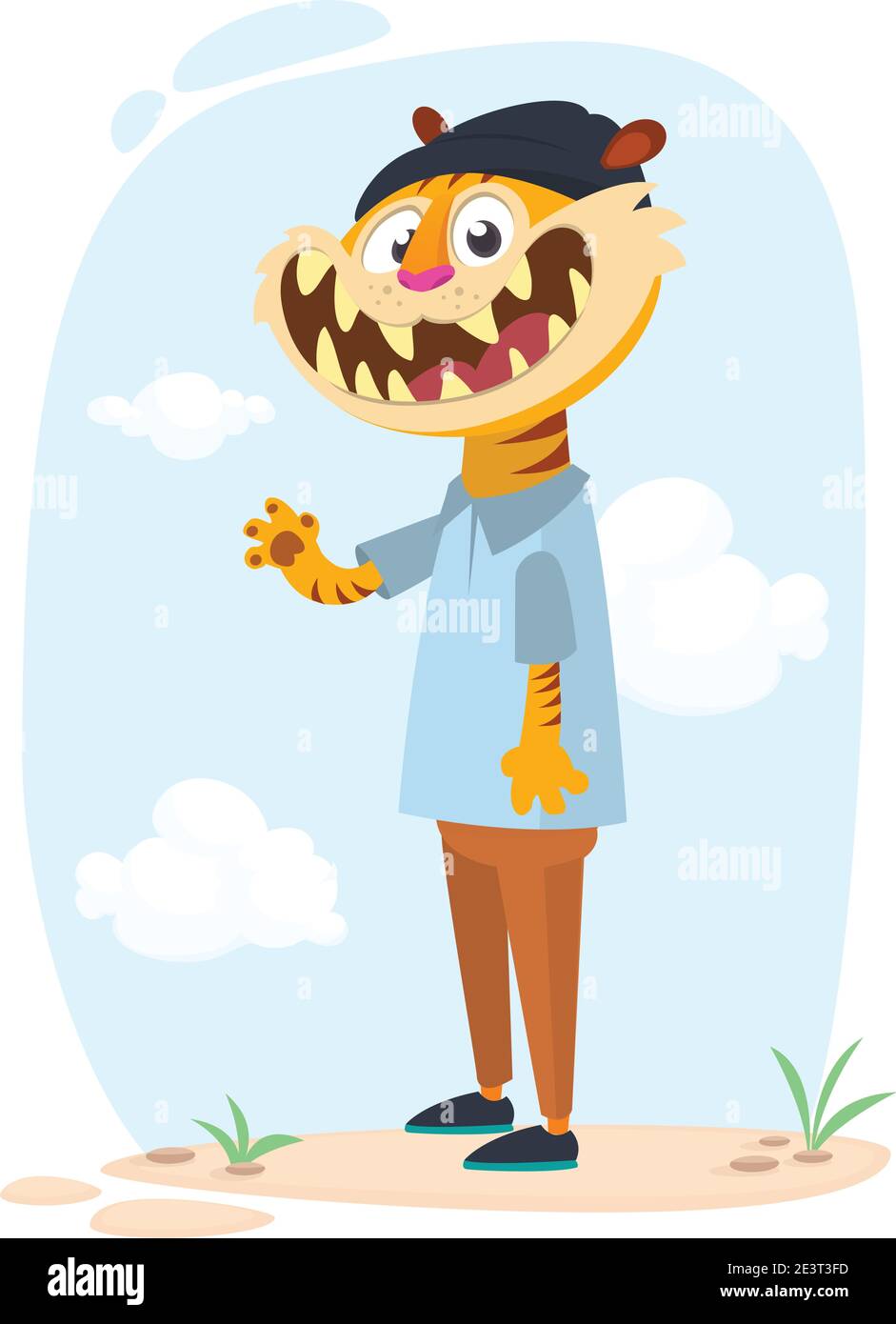 Cartoo tiger wearing black hat and teen clothes. Vector illustration of ...