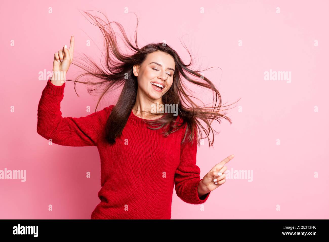 Photo of cute young girl closed eyes pointing fingers dance clubber ...