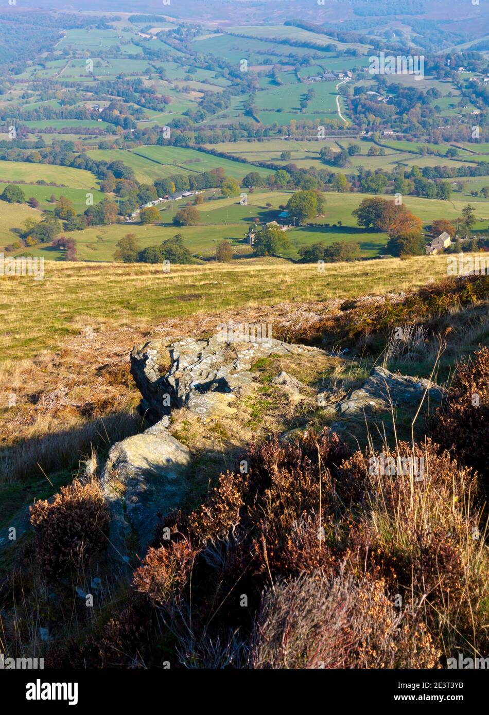 Rocky outcrop in autumn sunshine at Offerton Edge in the Hope Valley area of the Peak District ...