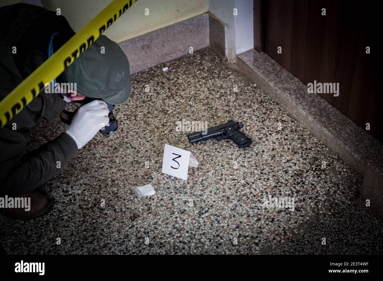 Crime scene, murder, investigation, bloody trail on asphalt, ongoing ...