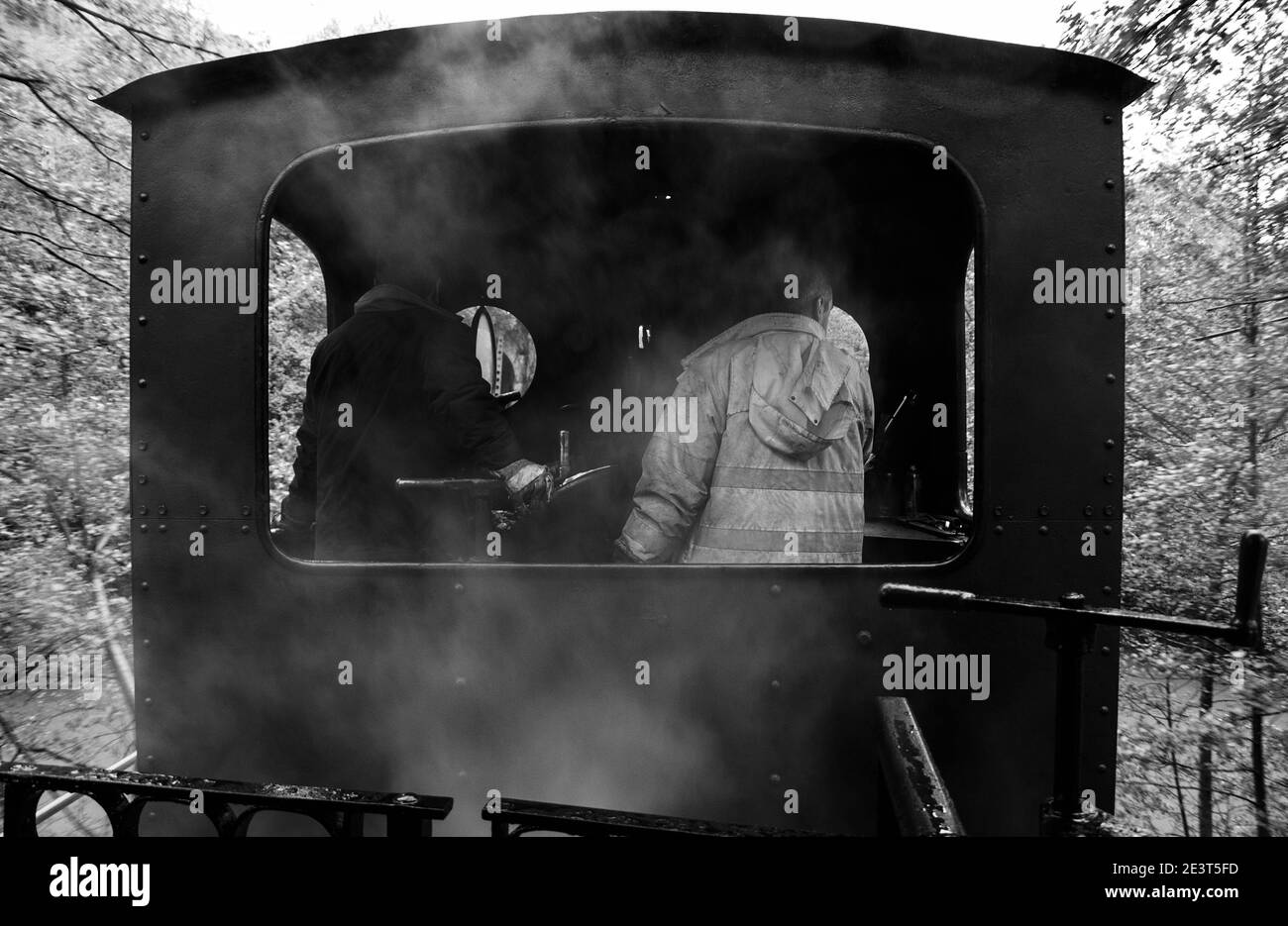 Steam train driver and fireman during their work. Back view. Closeup of ...