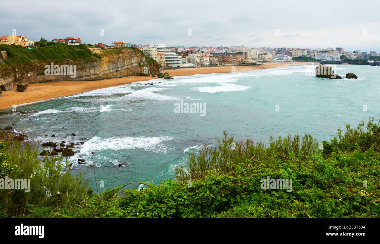 Biarritz (France). View of Big Beach, city and rocks from lighthouse ...