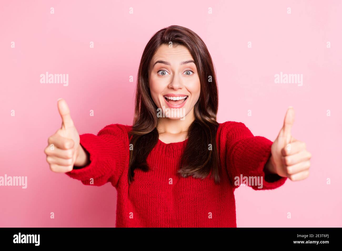 Photo of young pretty girl raise two hands show thumb-up excited look ...