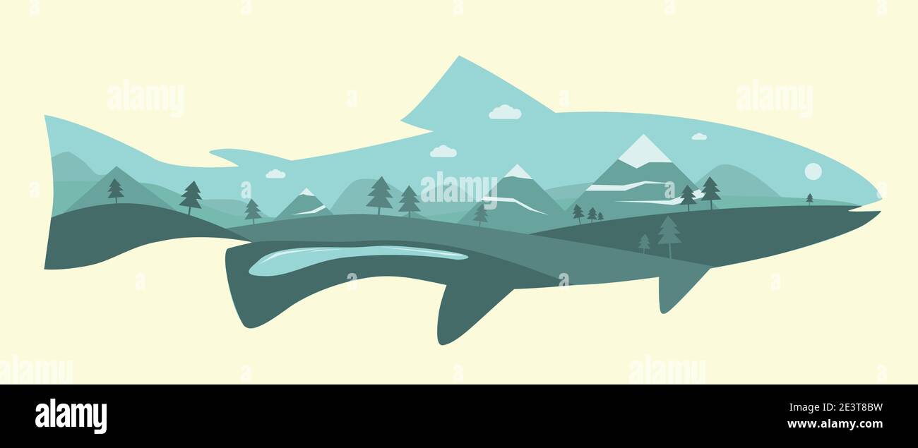 Flat vector landscape illustration inscribed in the form of fish Stock ...
