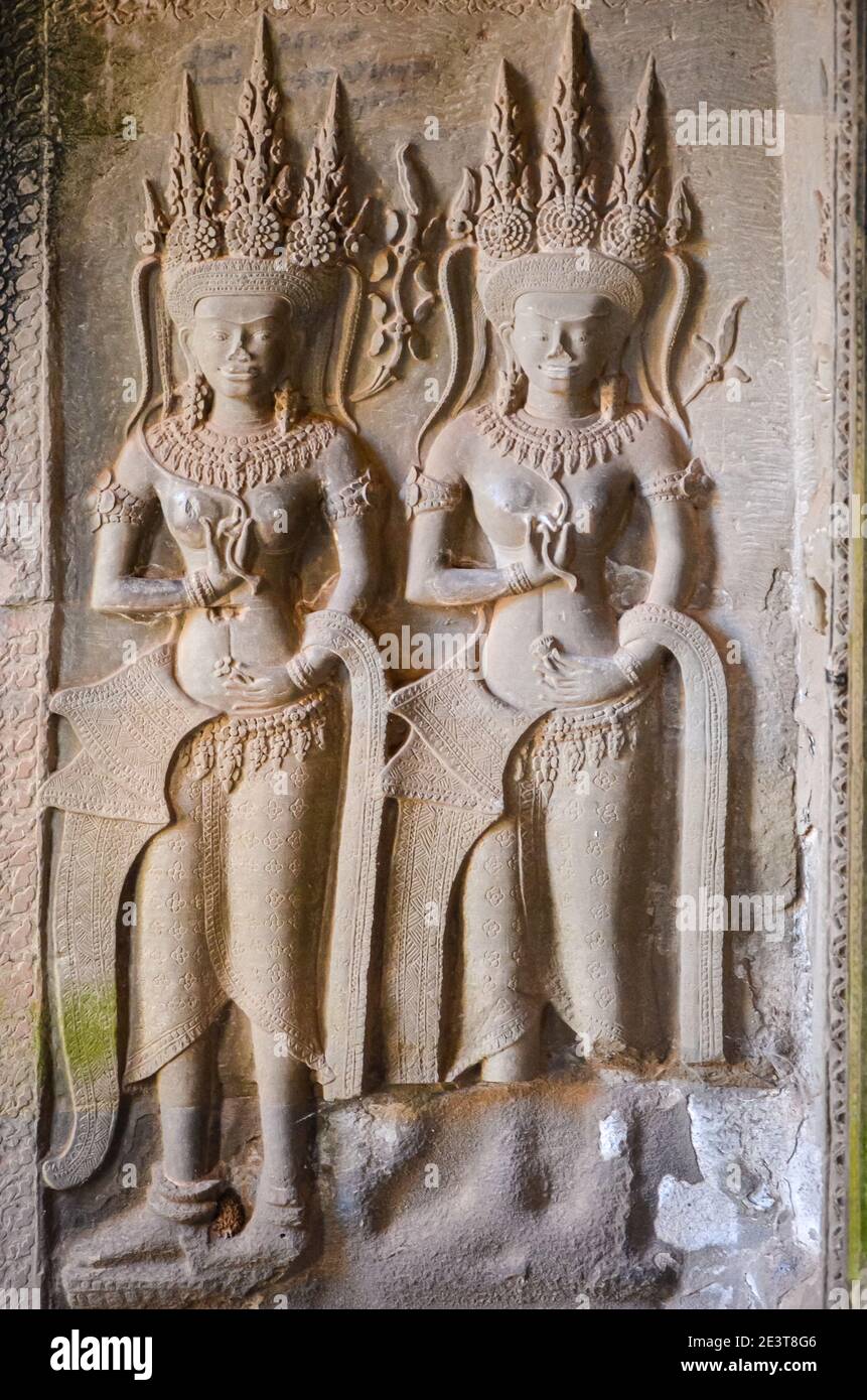 Carvings at Angkor Temple complex, Cambodia Stock Photo - Alamy