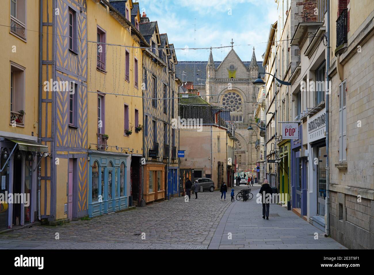 RENNES, FRANCE -26 DEC 2020- Colorful medieval Normandy-style buildings ...