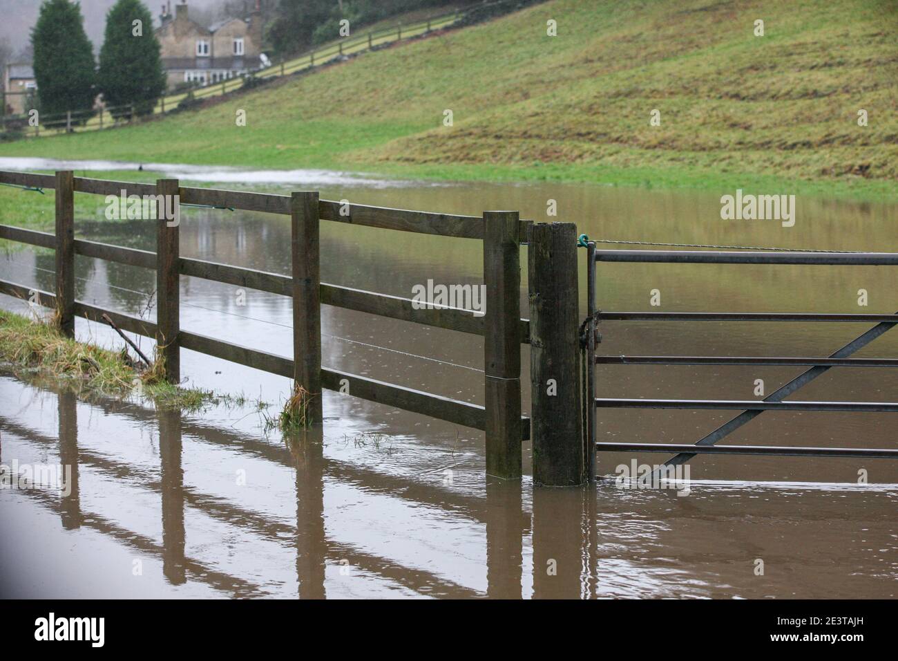 Holmfirth, UK. 20th Jan, 2021. A view of a flooded field in West ...