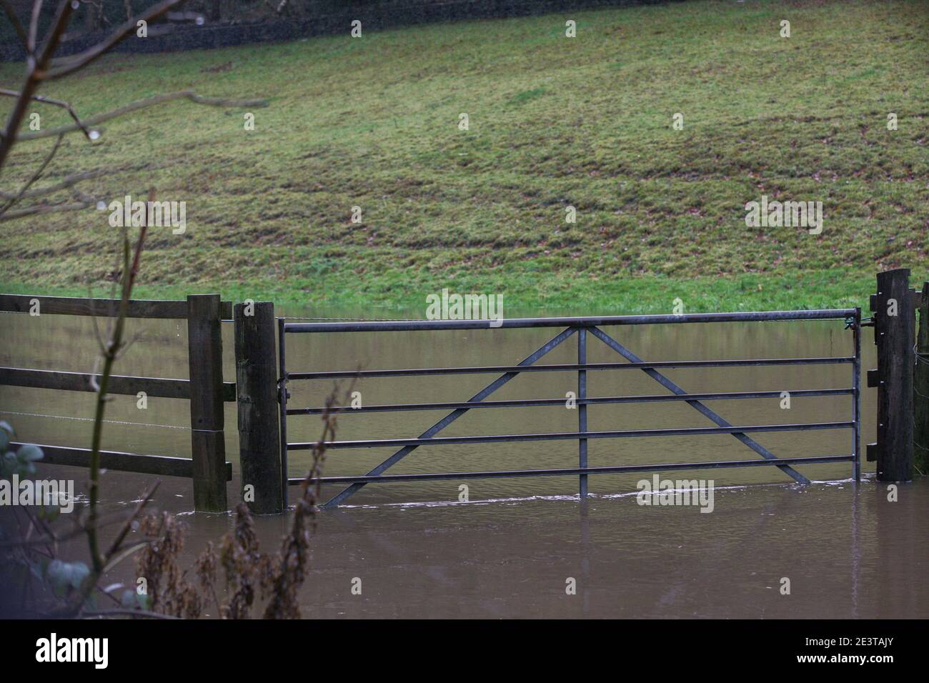 Holmfirth, UK. 20th Jan, 2021. A view of a flooded field in West ...