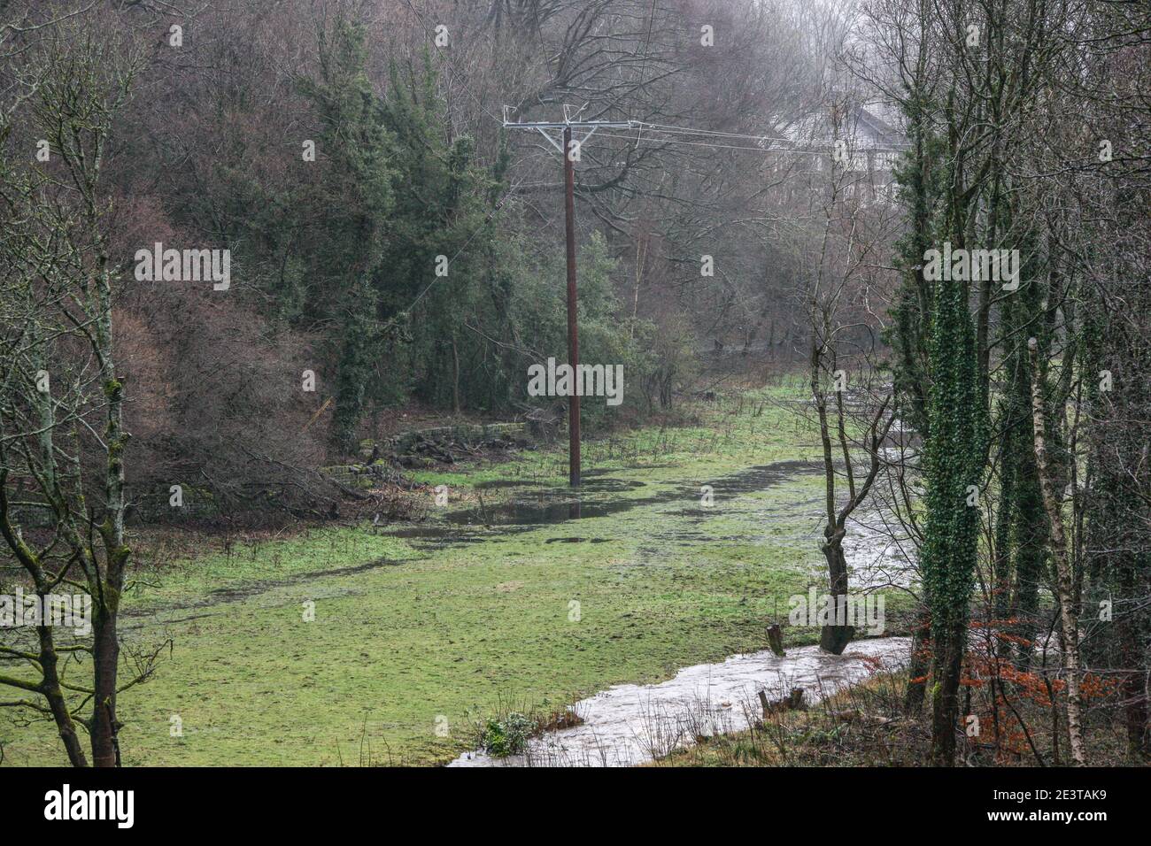 Holmfirth, UK. 20th Jan, 2021. A view of a flooded field in West ...