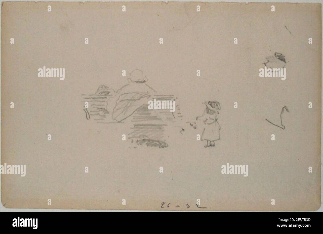 Manet - Sketch of a woman sitting on a bench and a child standing close ...