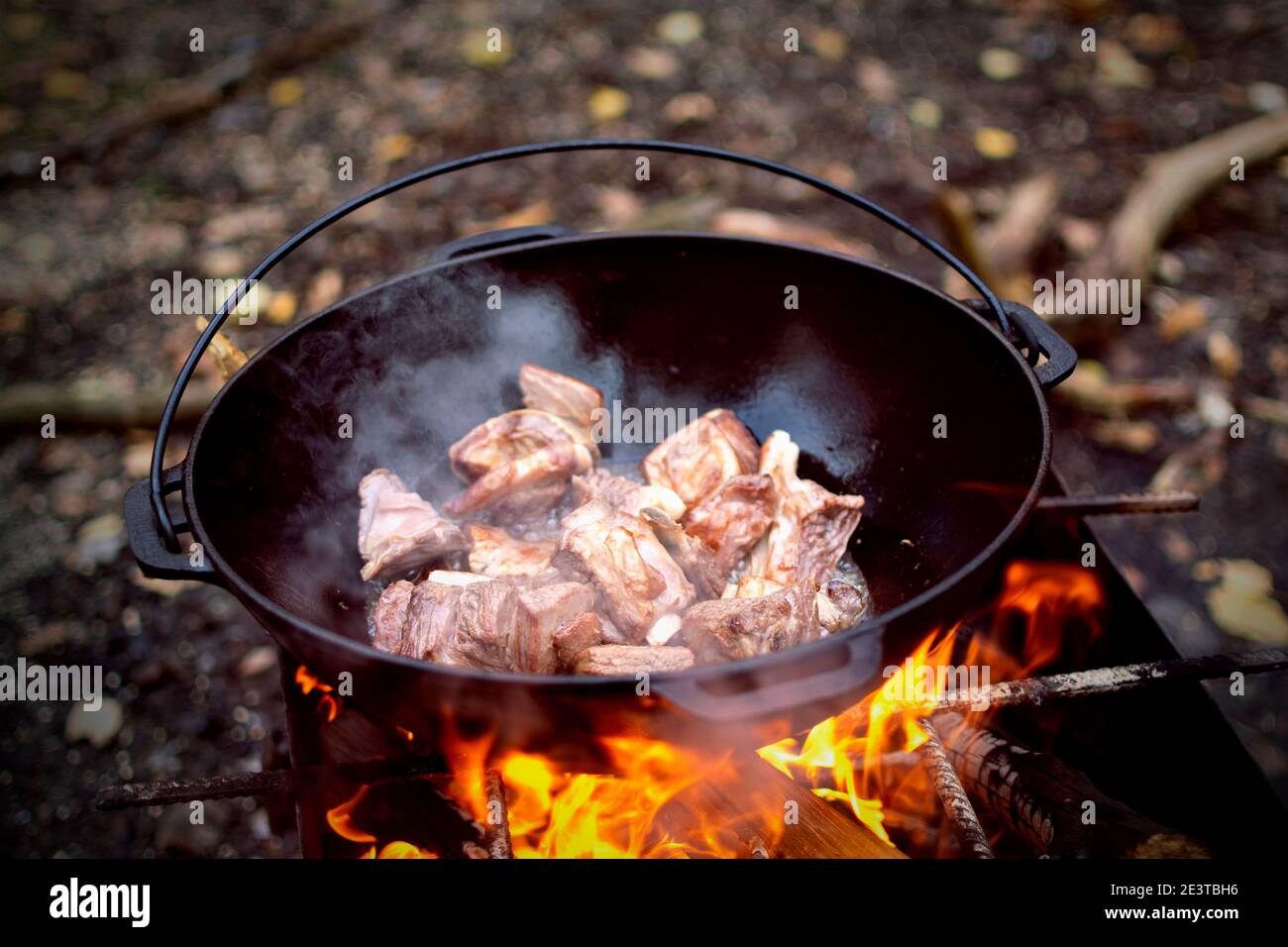 Cooking pilaf in Asian cauldron on the grill outside in forest ...