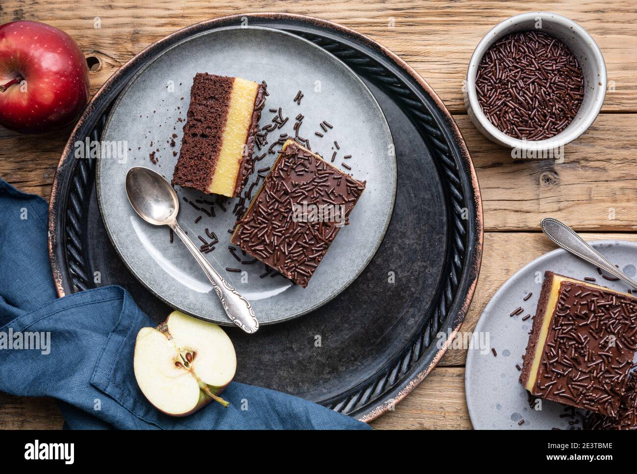 Delicious chocolate dessert with creamy apple filling, topped with ...