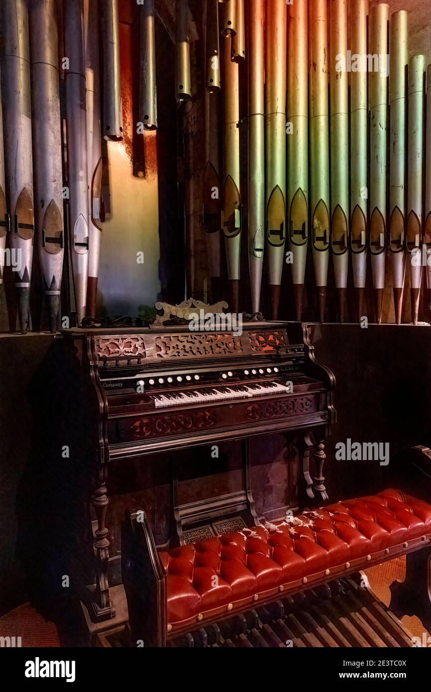 Victorian pipe organ dramatically lit at the Steampunk HQ, Oamaru, New ...