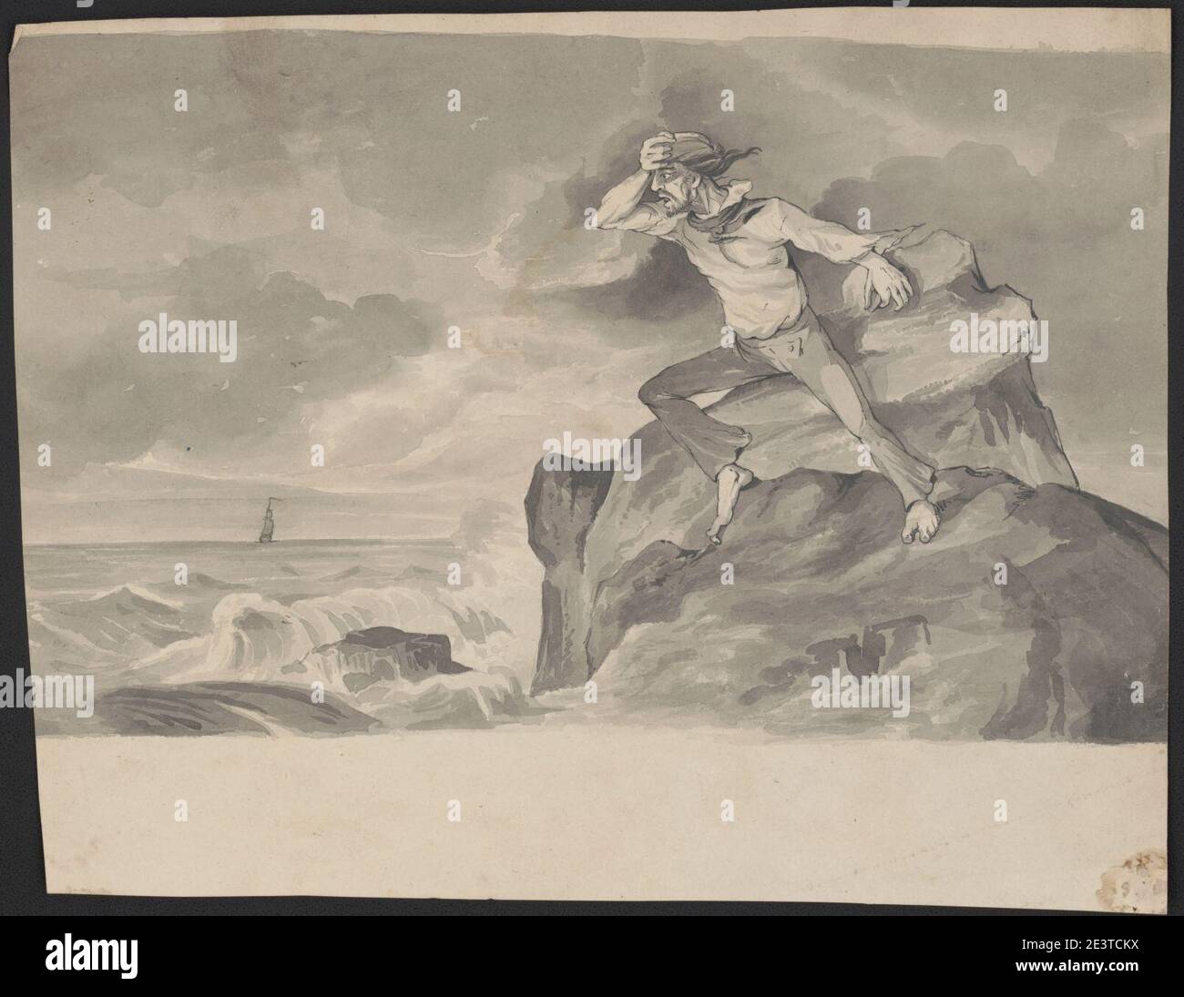 Man, possibly a castaway or shipwrecked sailor, standing on rocky shore ...