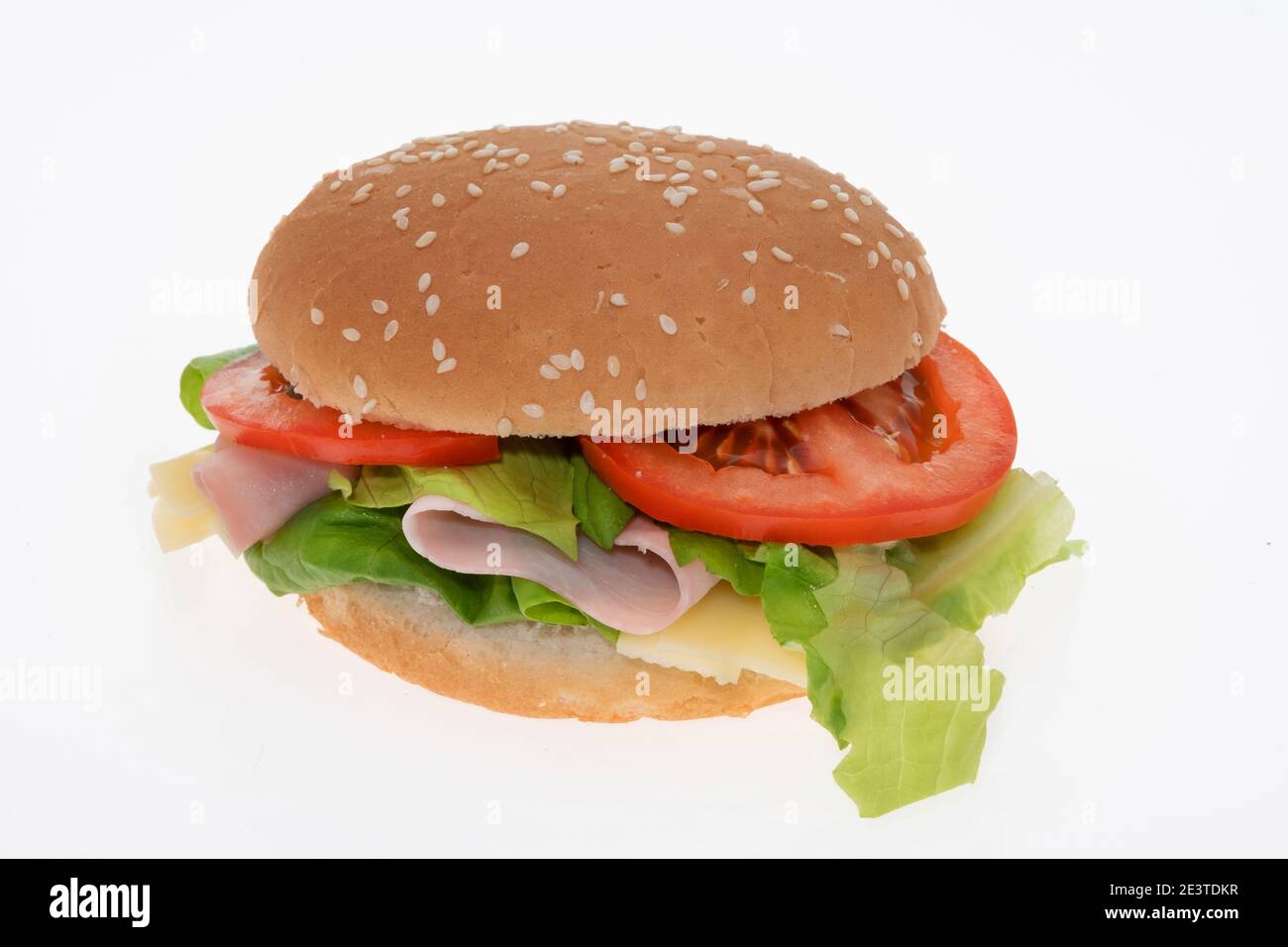 Sliced ham, cheese and salad sub sandwich bread bun - white background ...