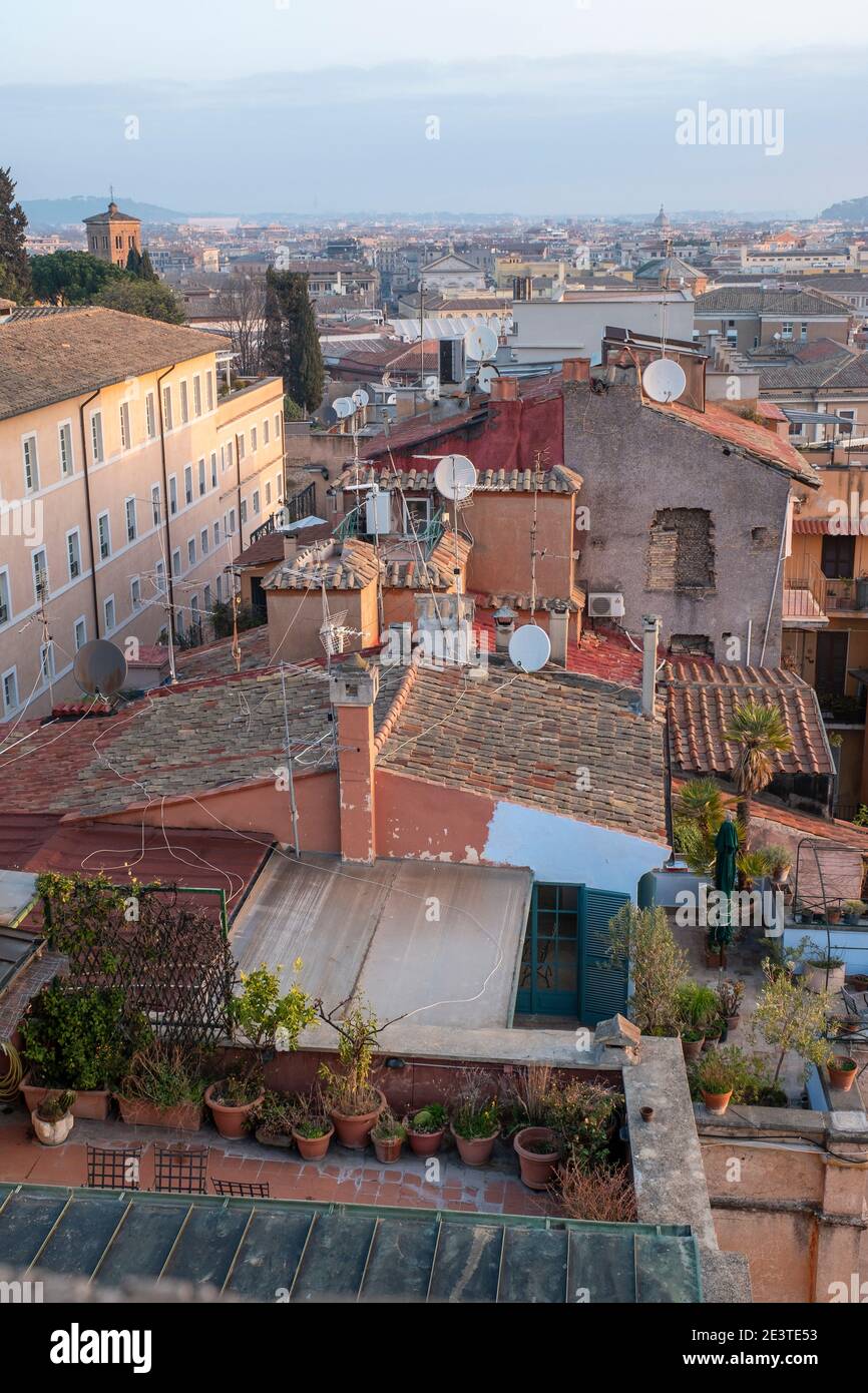 Aerial view over the rooftops of the historic residential district of ...