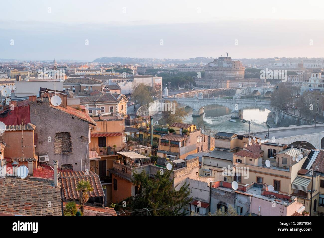 Aerial view over the rooftops of the historic residential district of ...