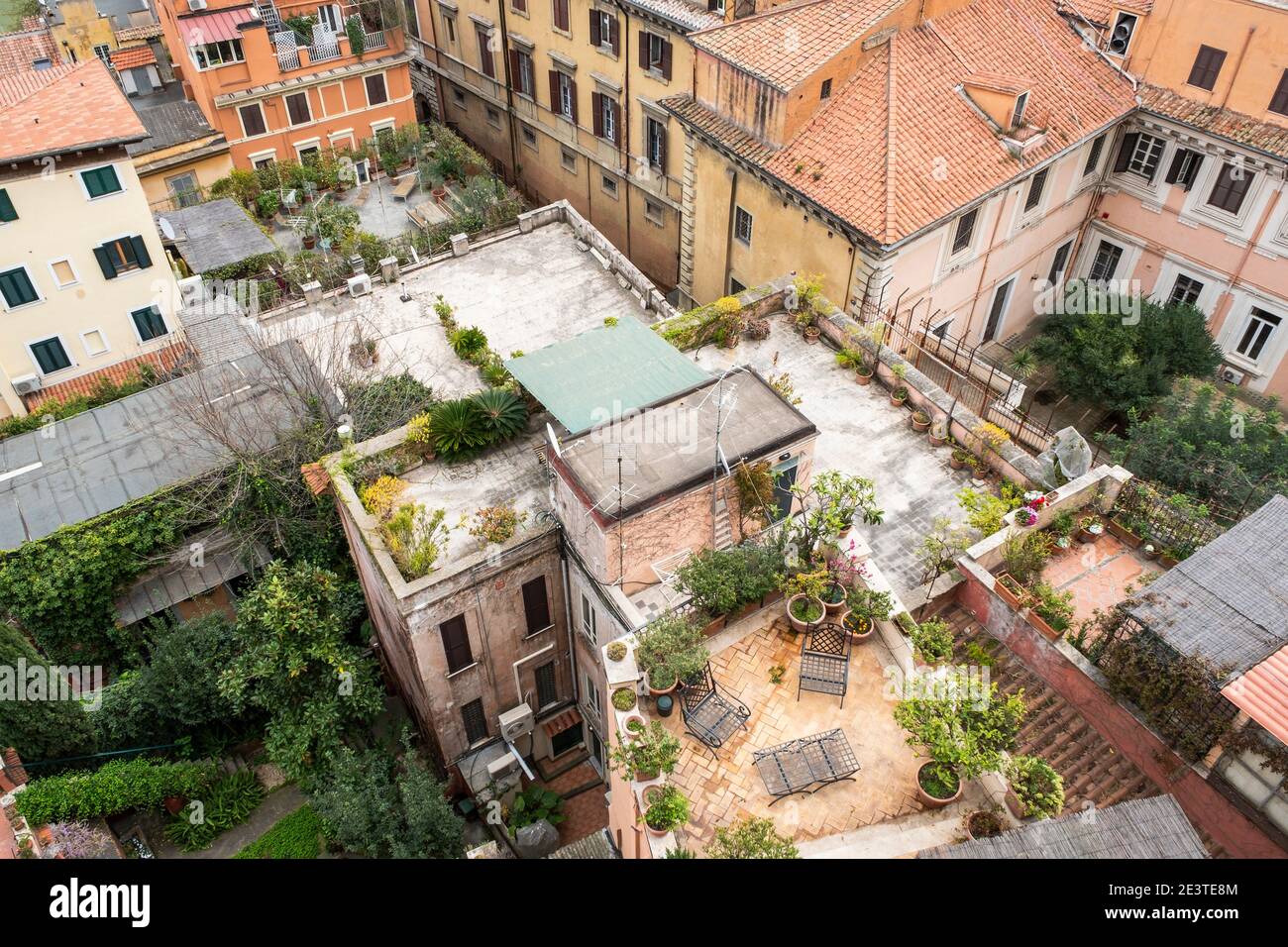 Aerial view looking down onto rooftops and roof garden terraces in ...