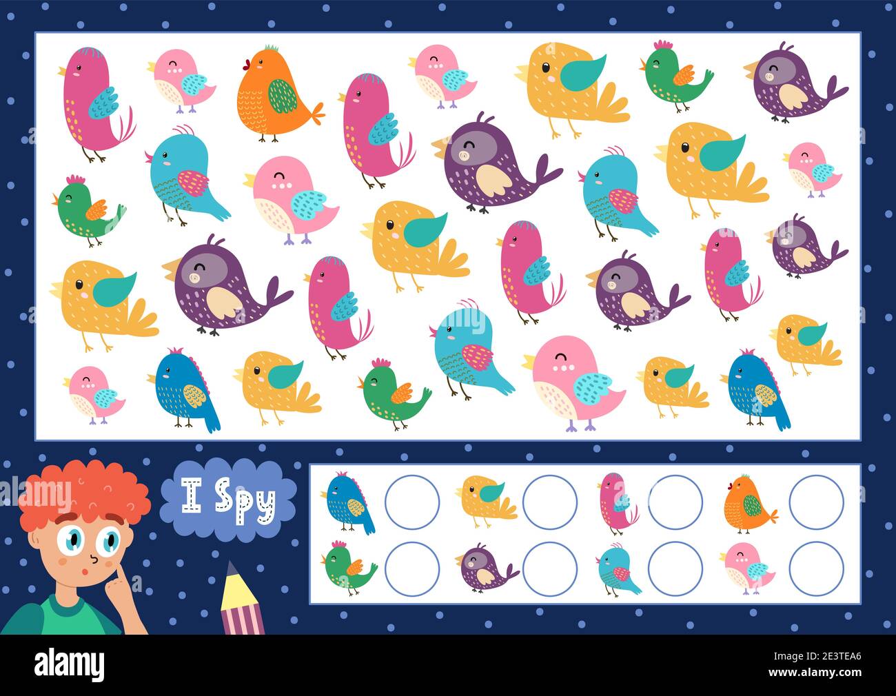 I spy game for kids. Find and count the cute birds. Search the same ...
