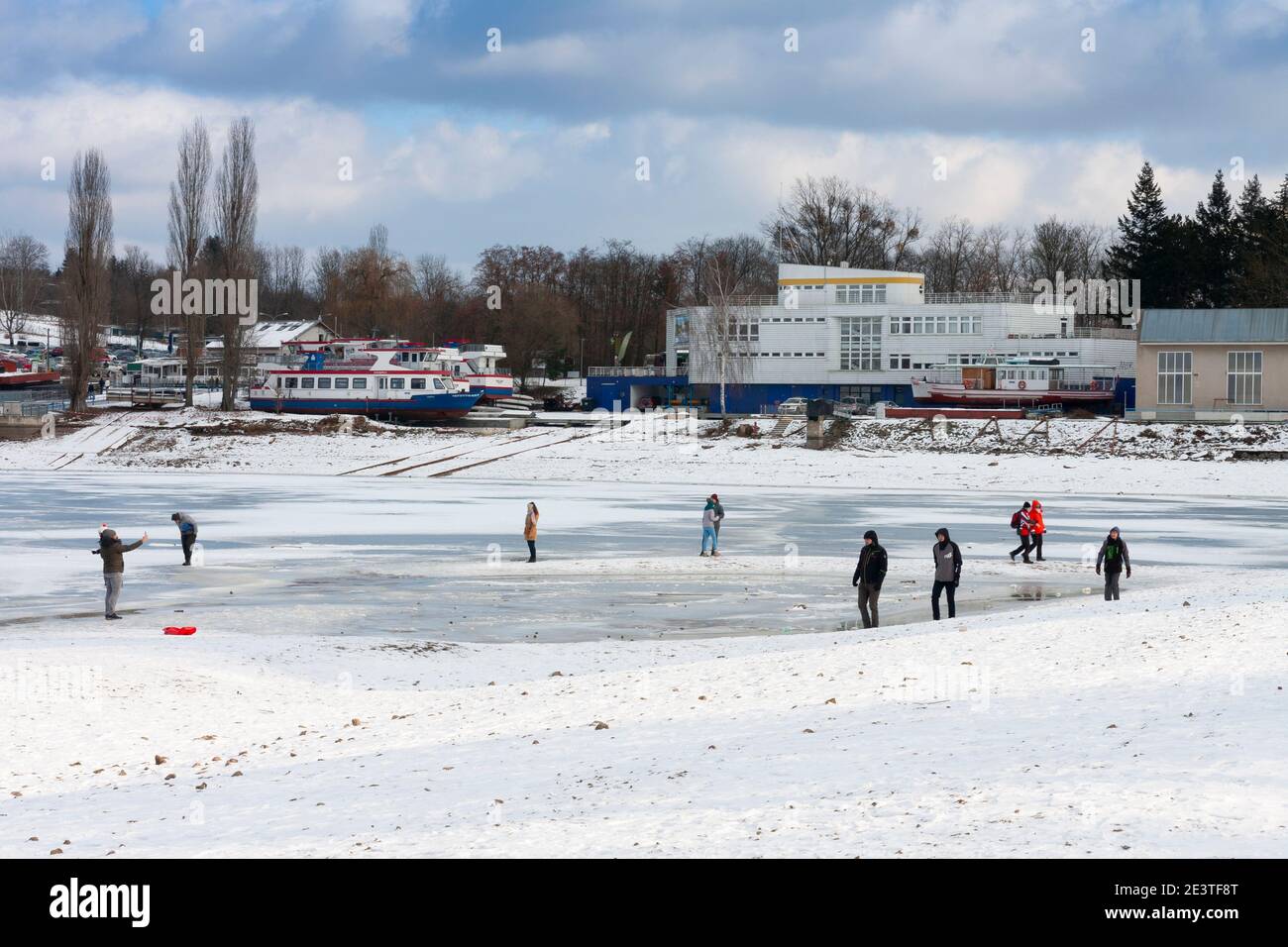 Brno, Czech Republic - January 17, 2021: Frozen Brno Reservoir, people ...