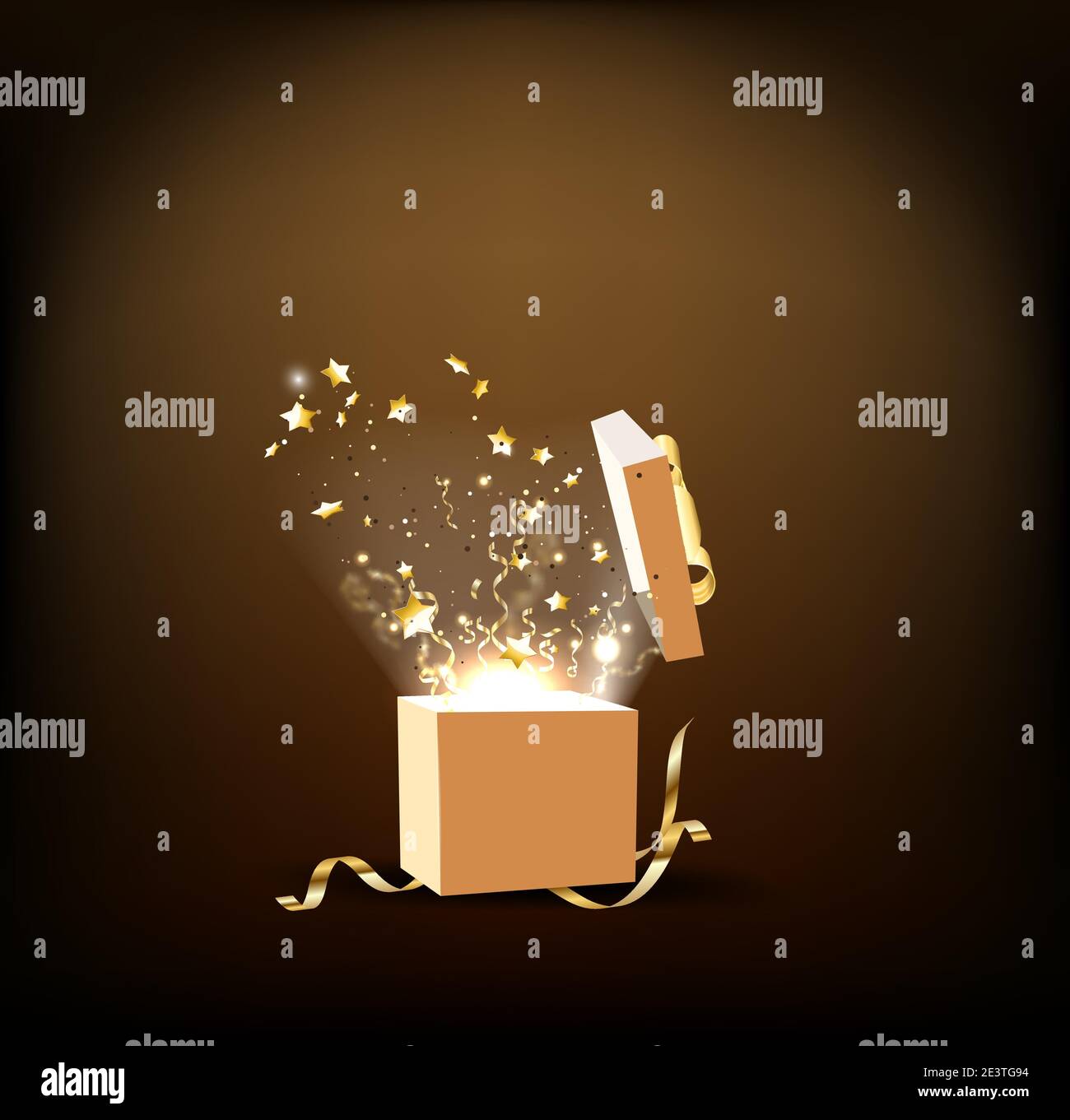 Background with open golden box with stars and confetti. Vector Stock ...