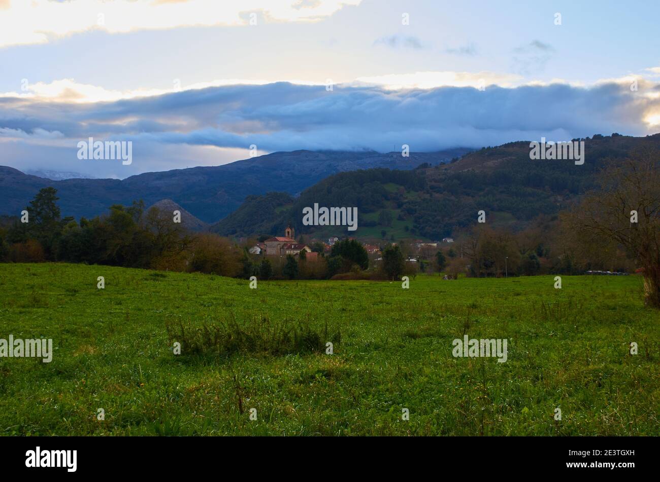 A typical landscape of northern Spain with evergreen meadows Stock ...